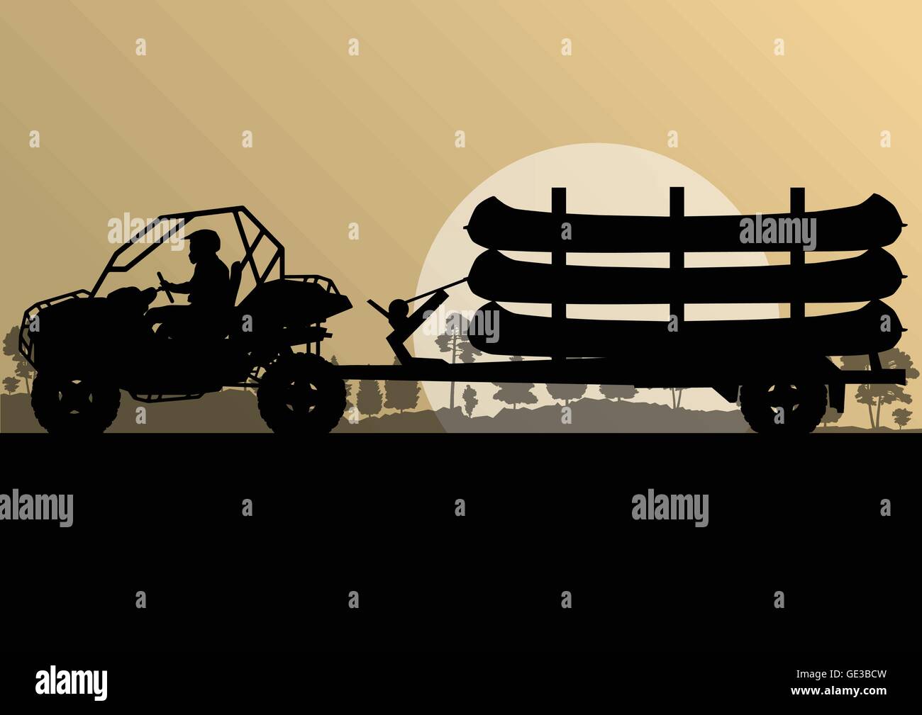 Yacht boat trailer vector background landscape with all terrain vehicle ...