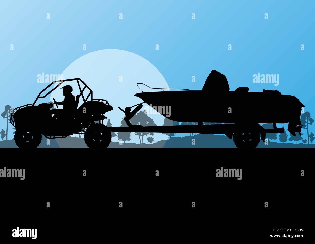 Yacht boat trailer vector background landscape with all terrain vehicle ...