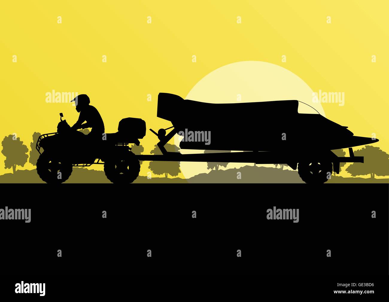 Yacht boat trailer vector background landscape with all terrain vehicle ...