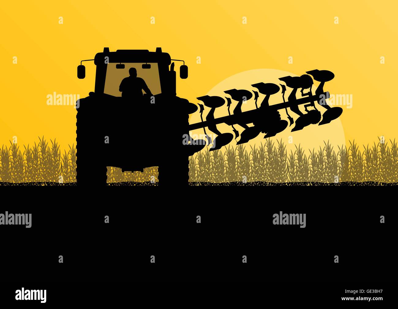 Tractor plowing field autumn rural landscape windmill hi-res stock ...