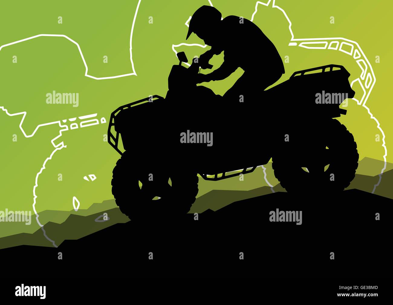 All terrain vehicle quad motorbike riders in wild nature abstract ...