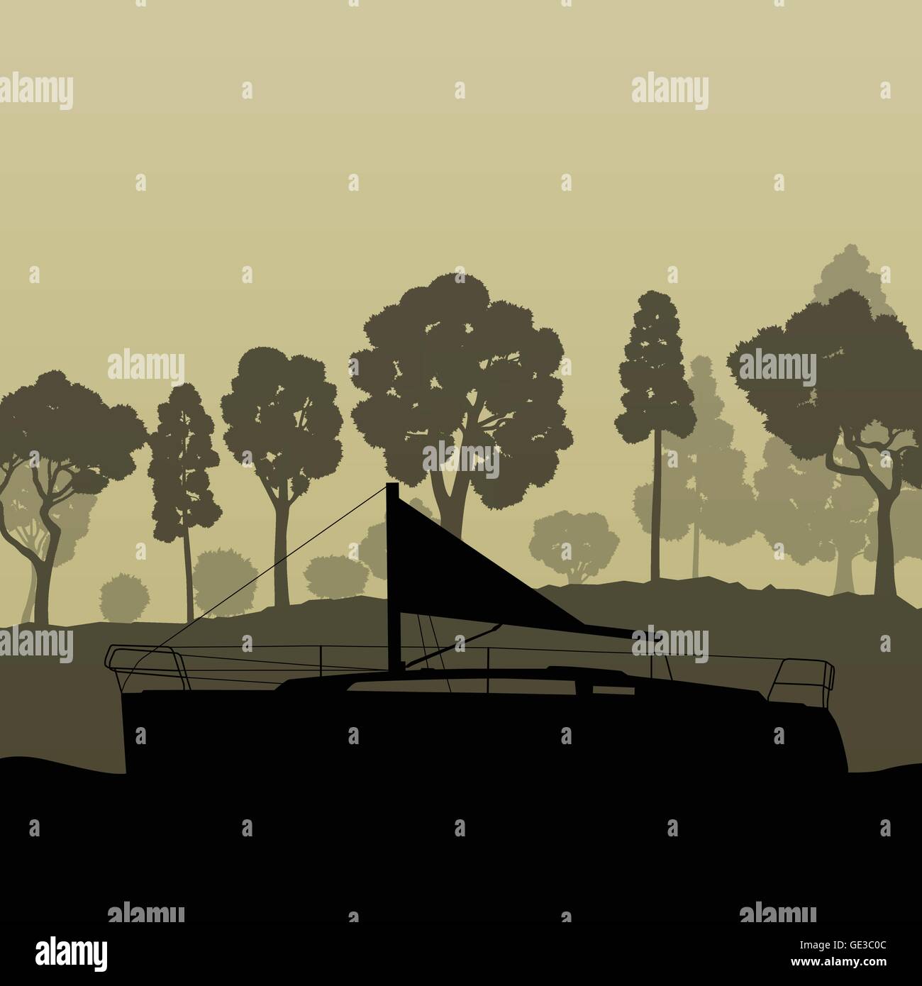 Yacht boat vector background landscape vector with sea coast and trees ...