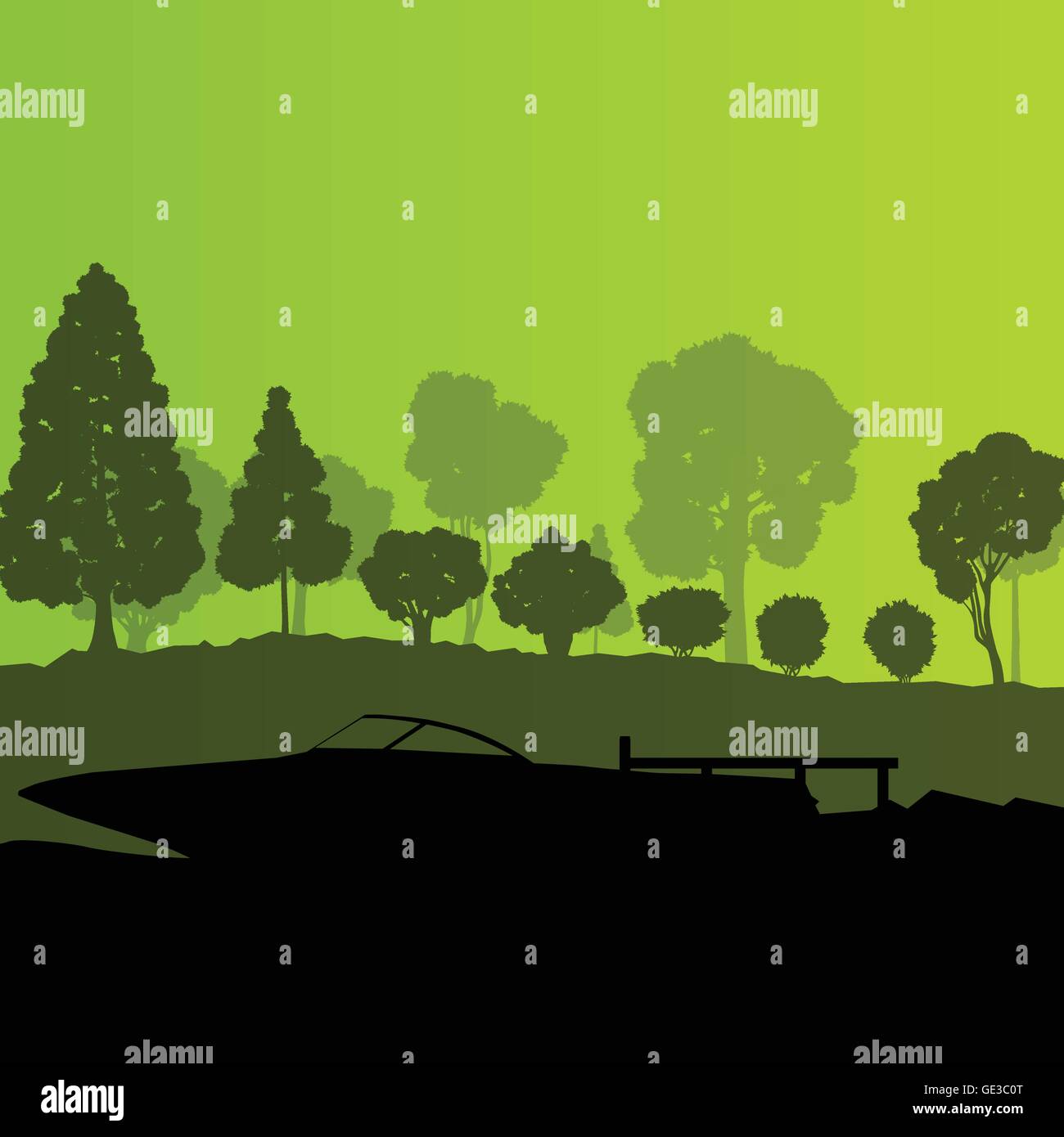 Yacht boat vector background landscape vector with sea coast and trees ...