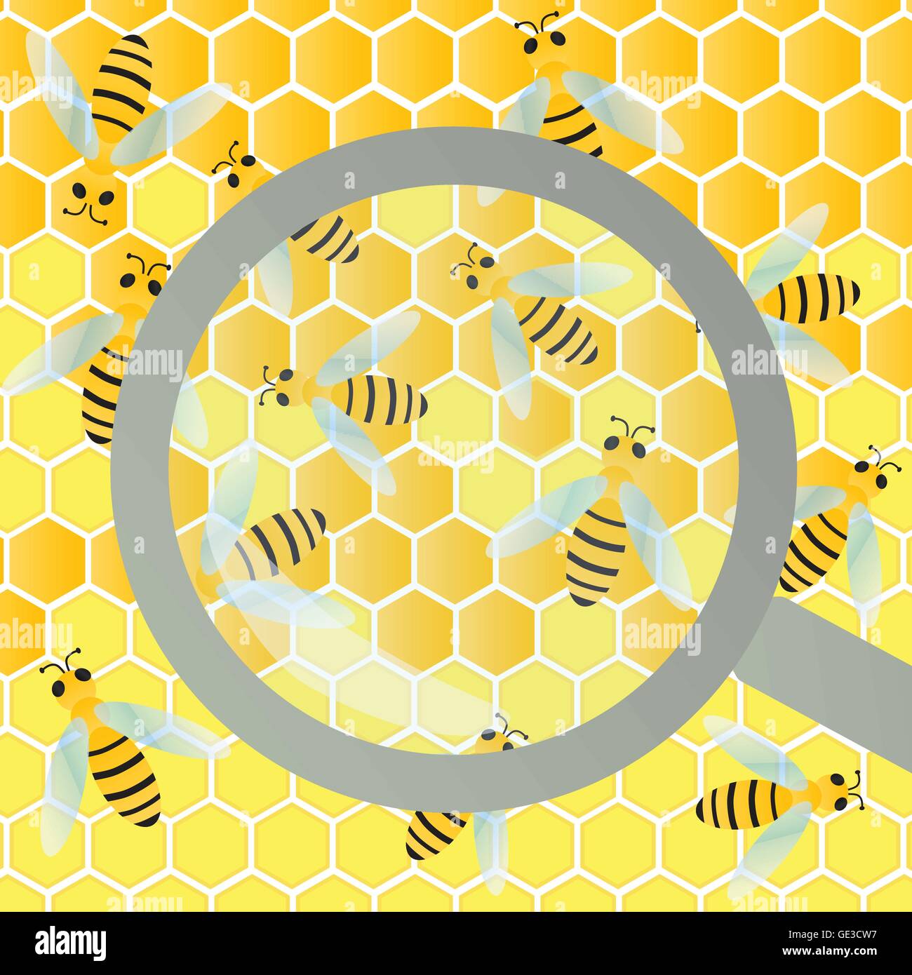 Bees hive and wax honeycomb under magnifier glass inspection ...