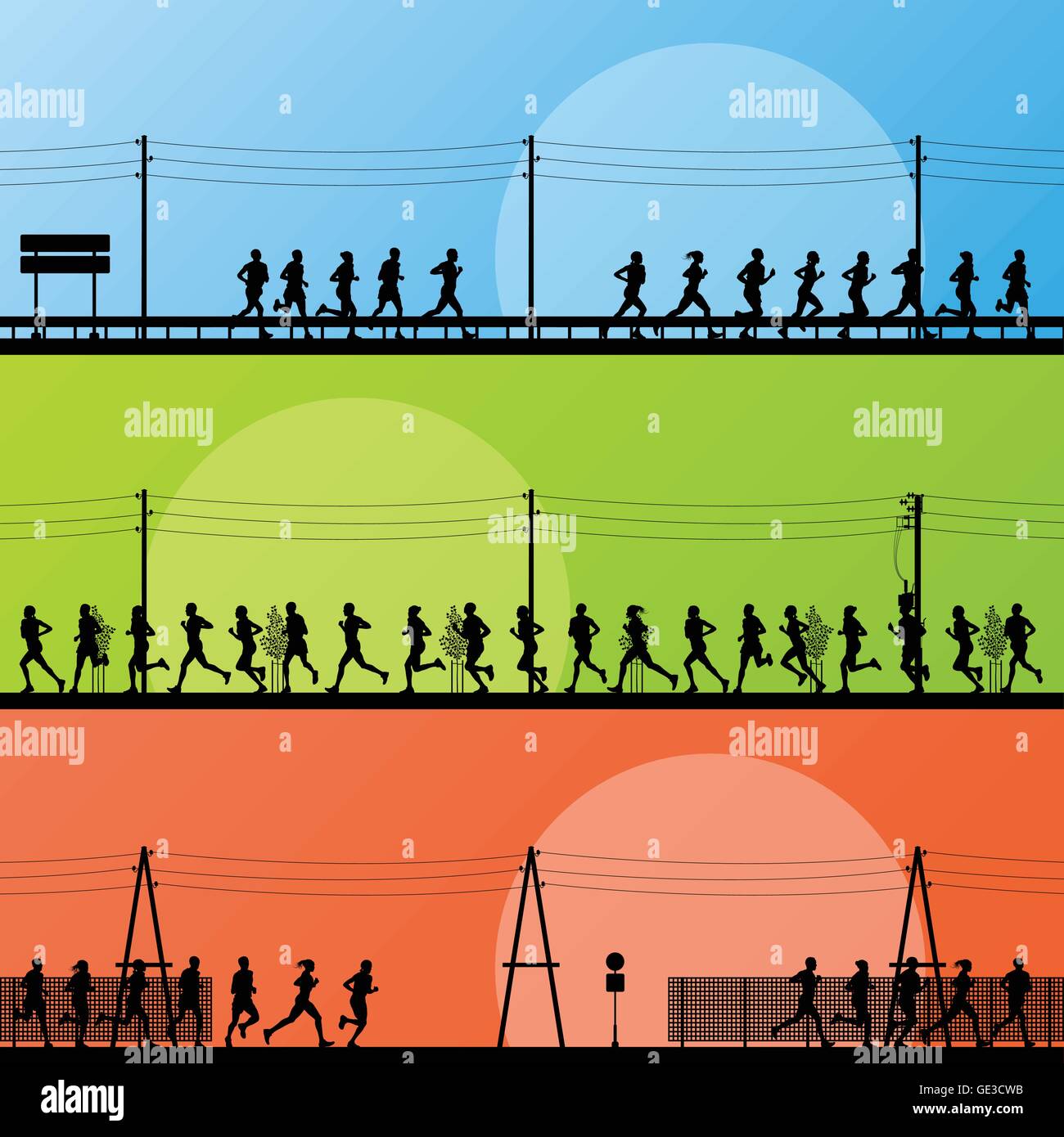 Marathon runners in country road highway landscape background ...