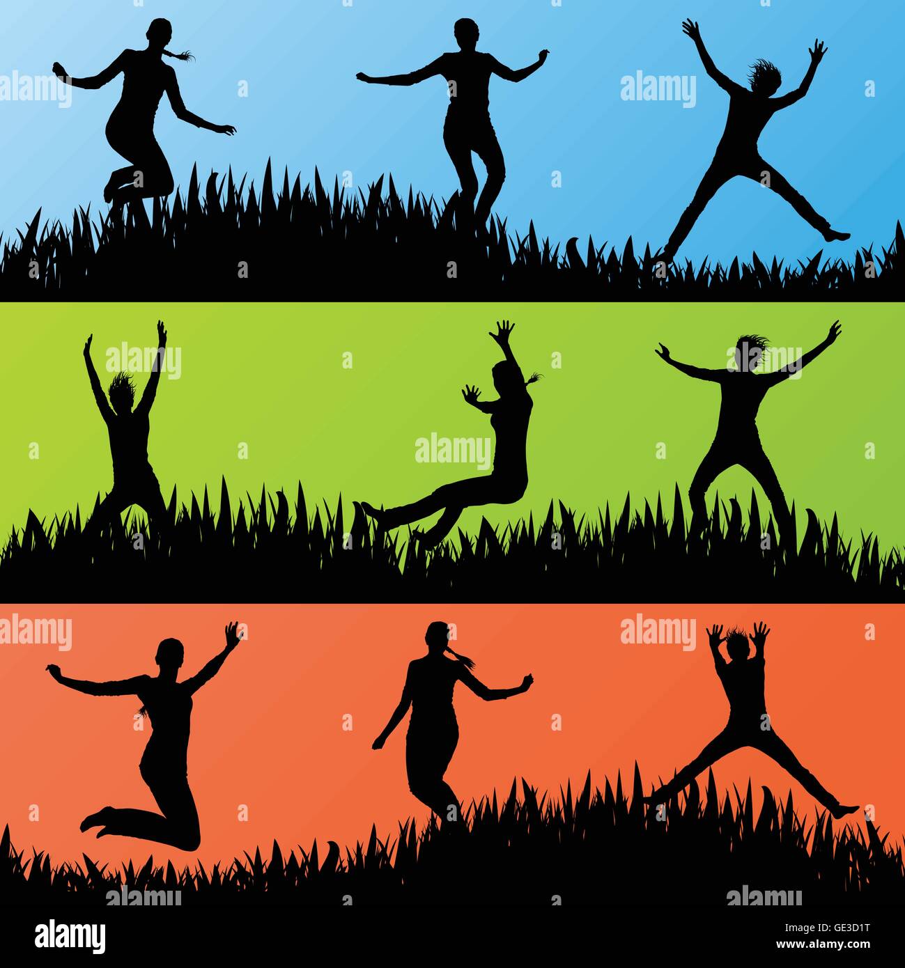 Colorful jumping children silhouettes illustration hi-res stock ...