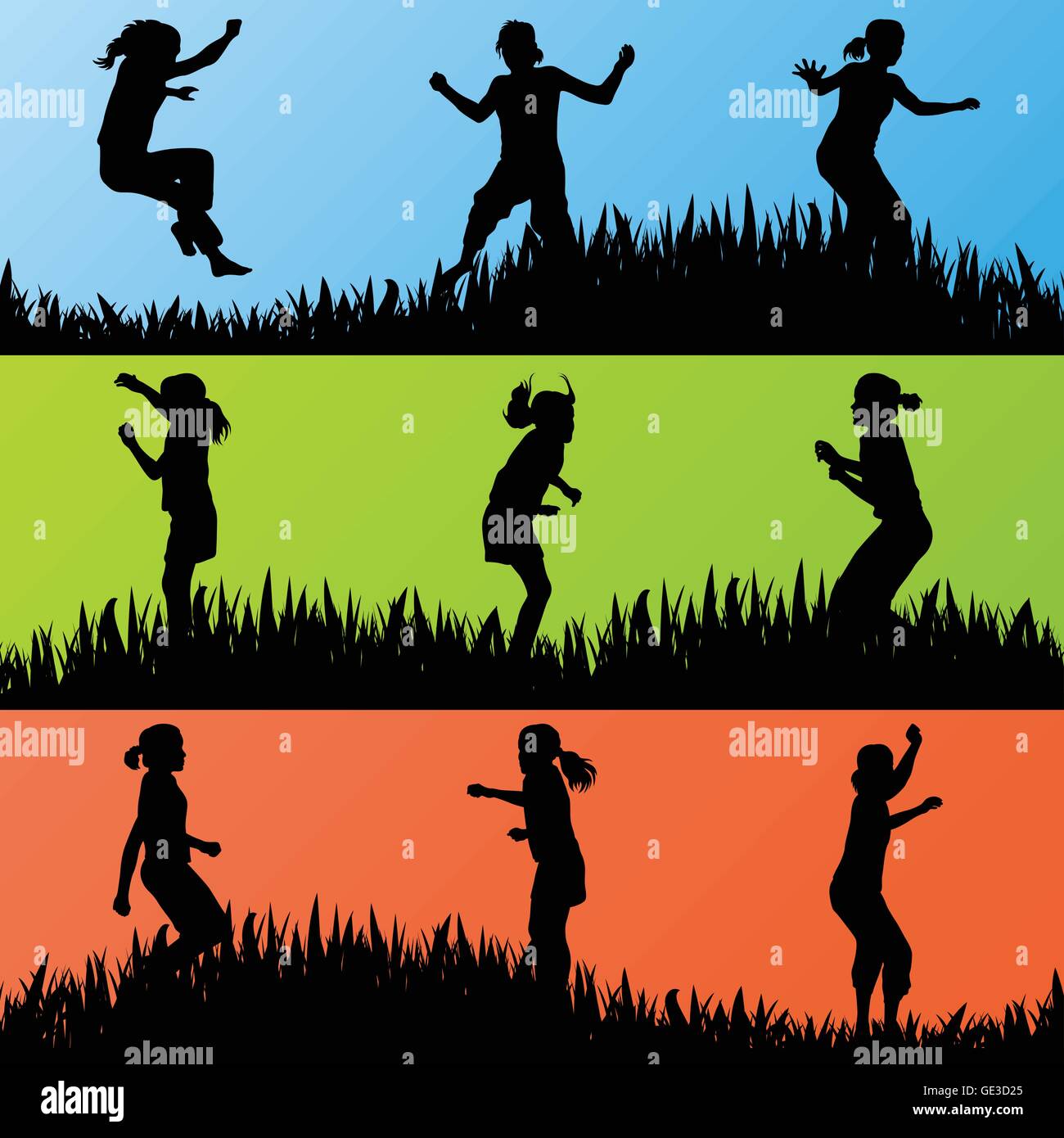 Colorful jumping children silhouettes illustration hi-res stock ...