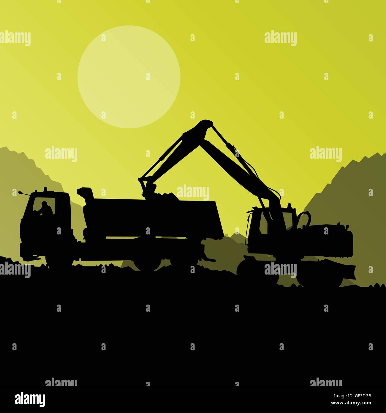 Excavator digger in action vector background concept for poster Stock ...