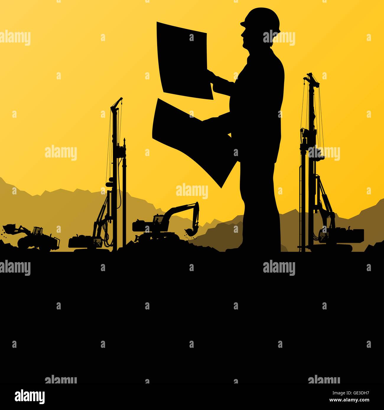 Engineers with excavator loaders and tractors digging at industrial ...