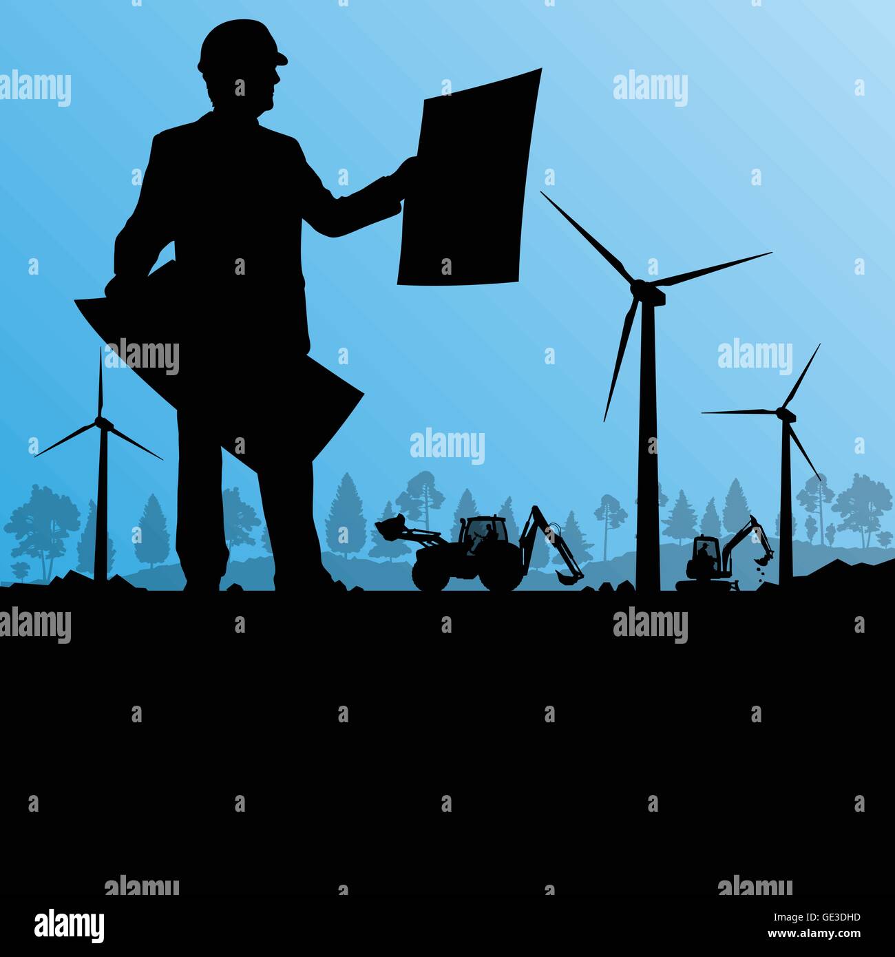 Engineers with excavator loaders and tractors digging at industrial ...