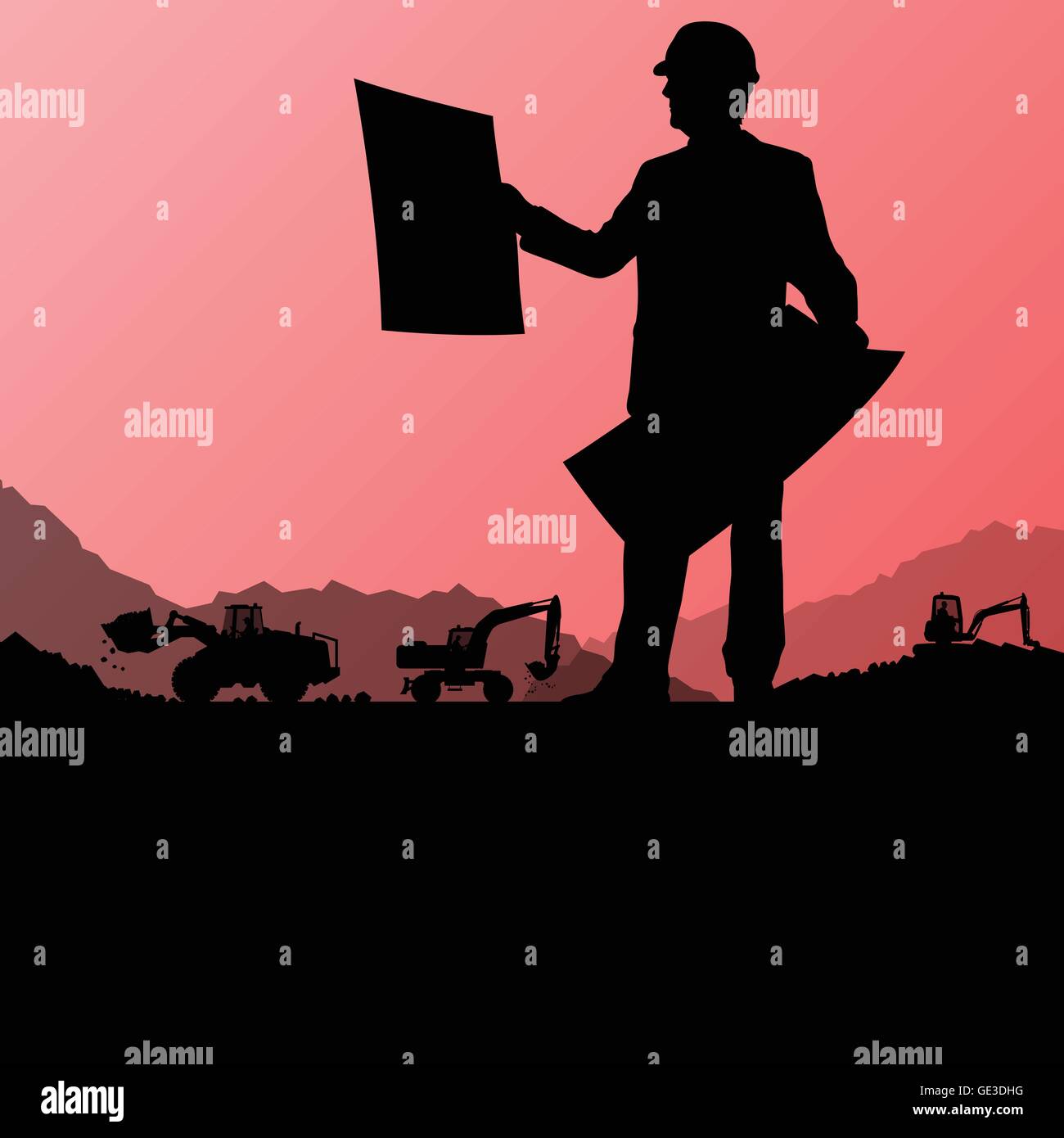 Engineers with excavator loaders and tractors digging at industrial ...