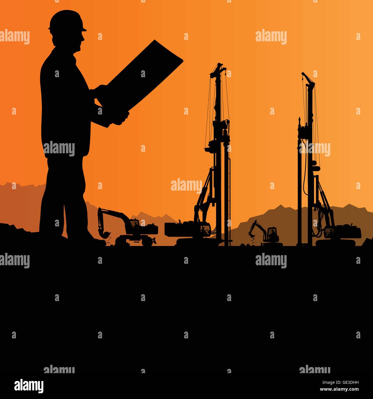 Engineers with excavator loaders and tractors digging at industrial ...