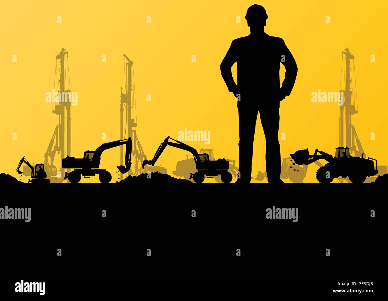 Engineers with excavator loaders and tractors digging at industrial ...