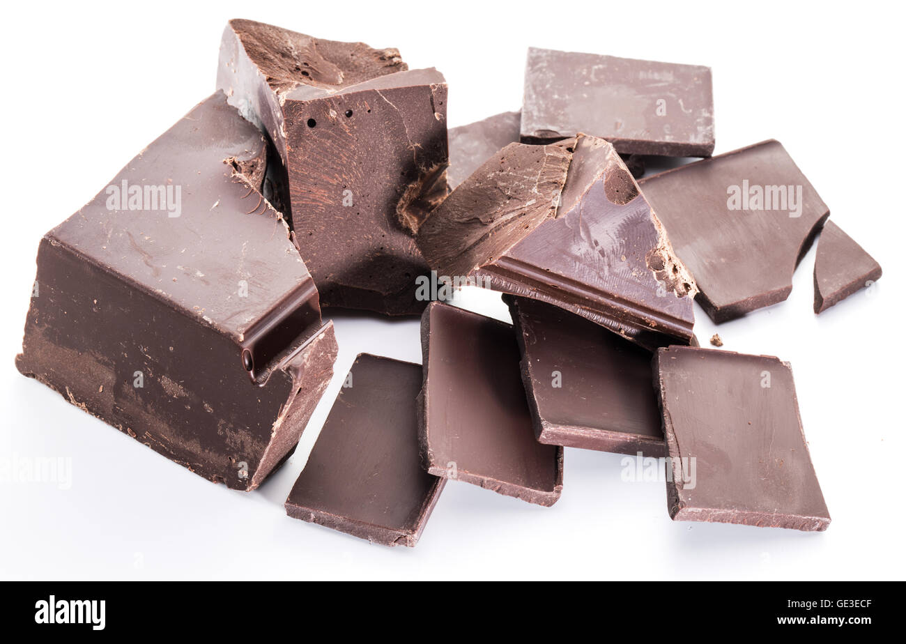 Chocolate blocks and pieces of chocolate bar isolated on a white ...