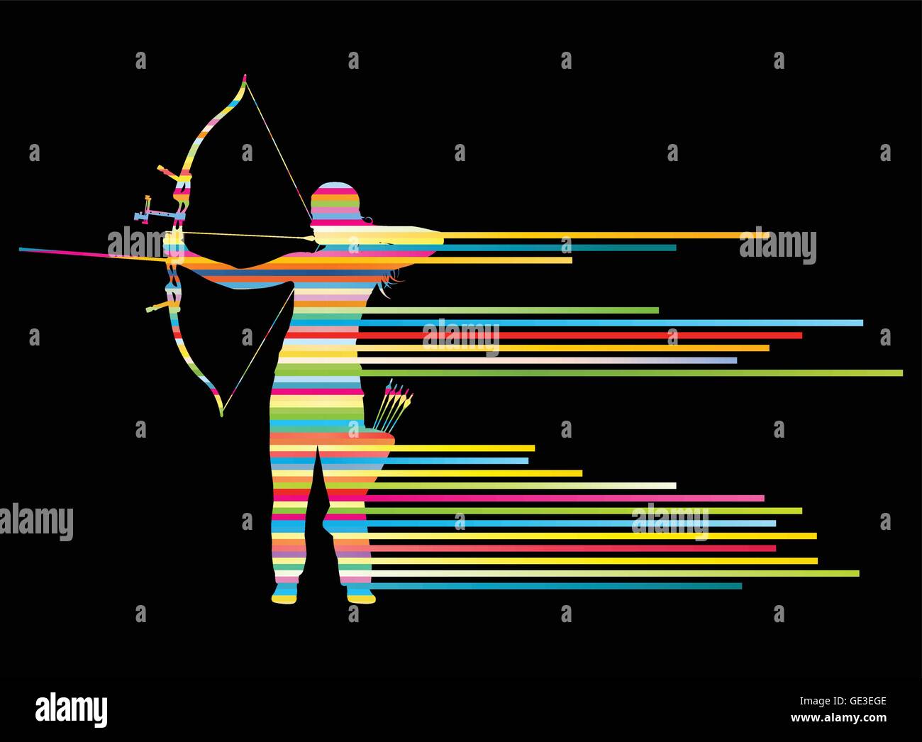 Archer woman bending bow vector background concept made of stripes ...