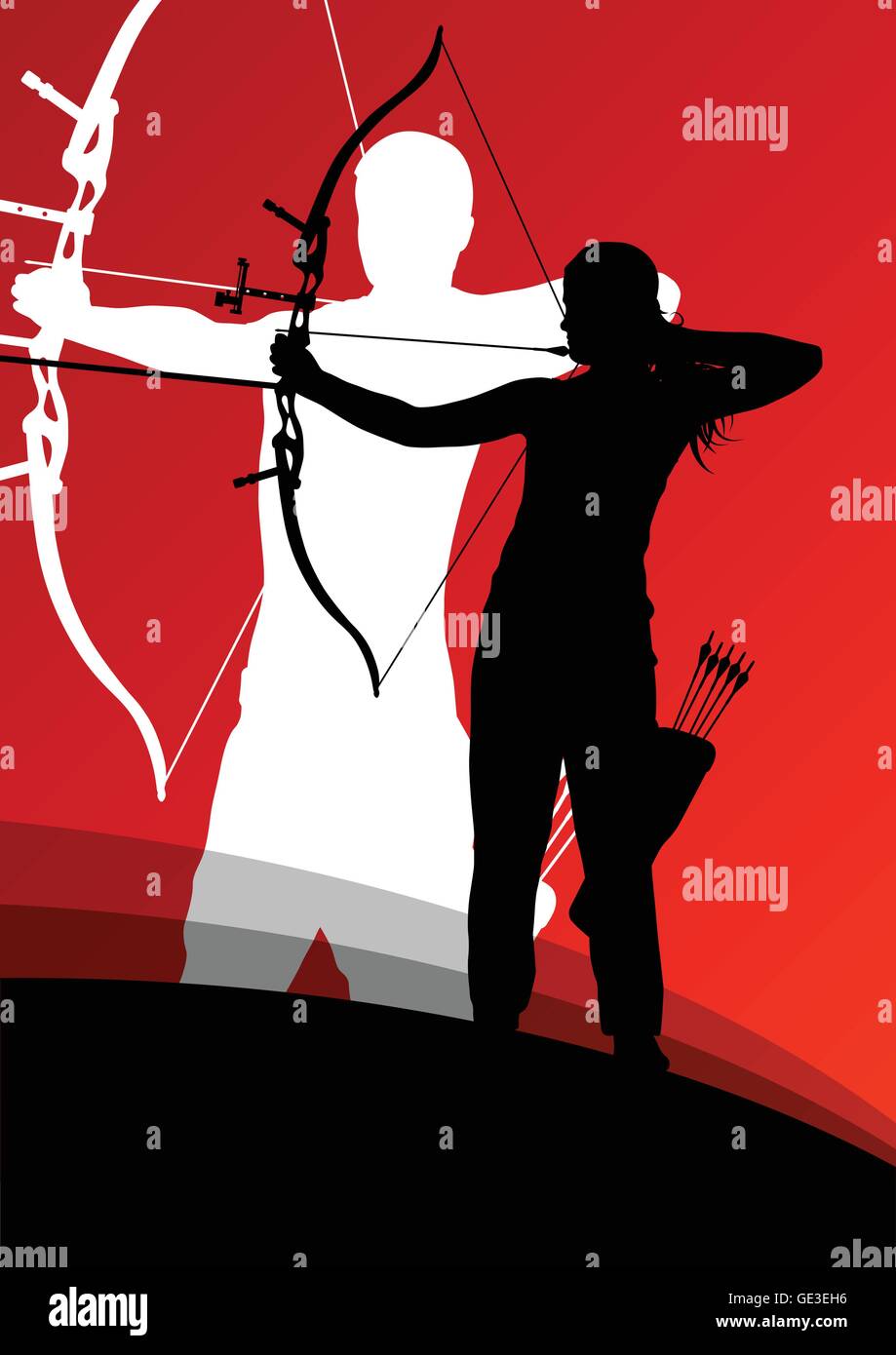 Active young archery sport man and woman silhouettes in abstract ...