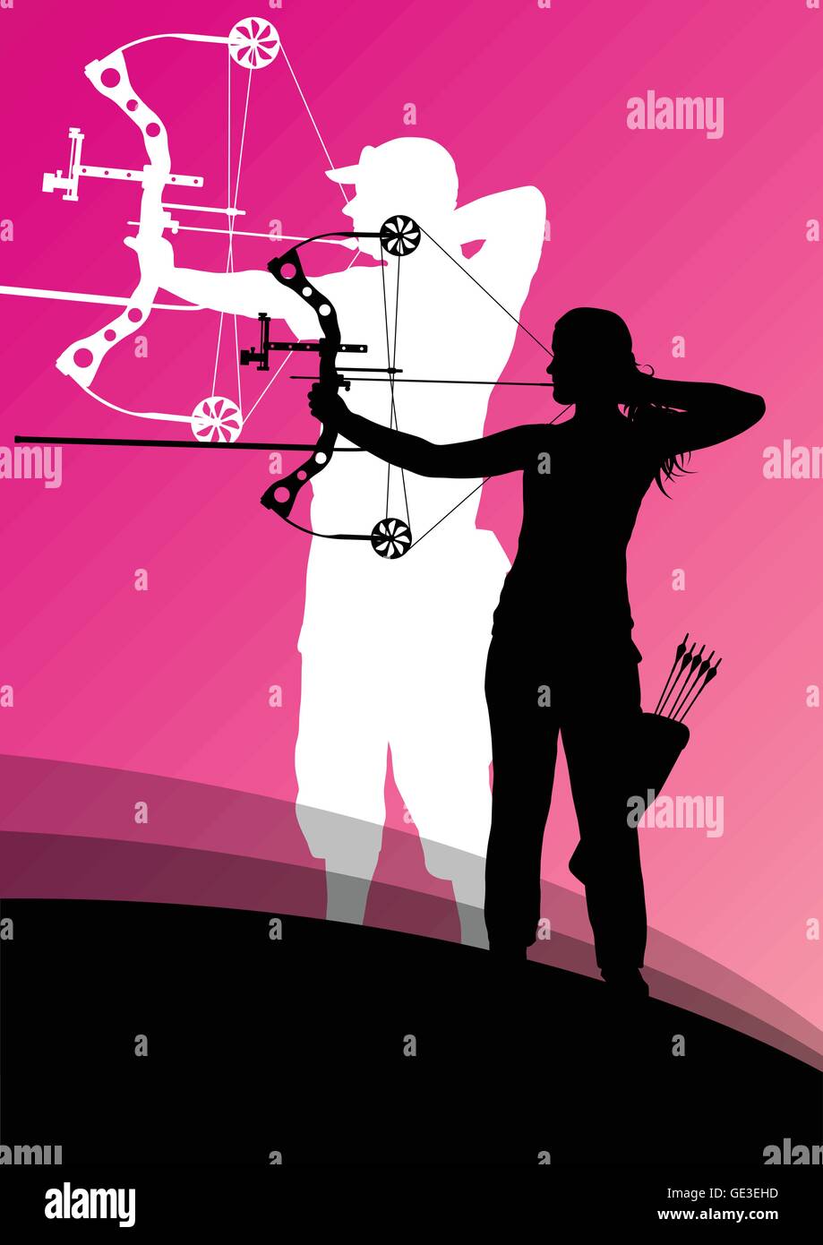 Active young archery sport man and woman silhouettes in abstract ...