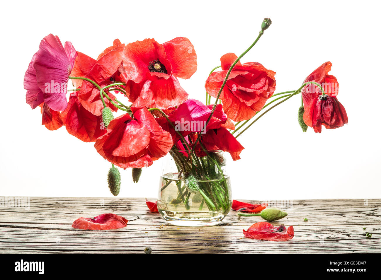 Bouquet of poppy flowers in the vase on the wooden table Stock Photo ...