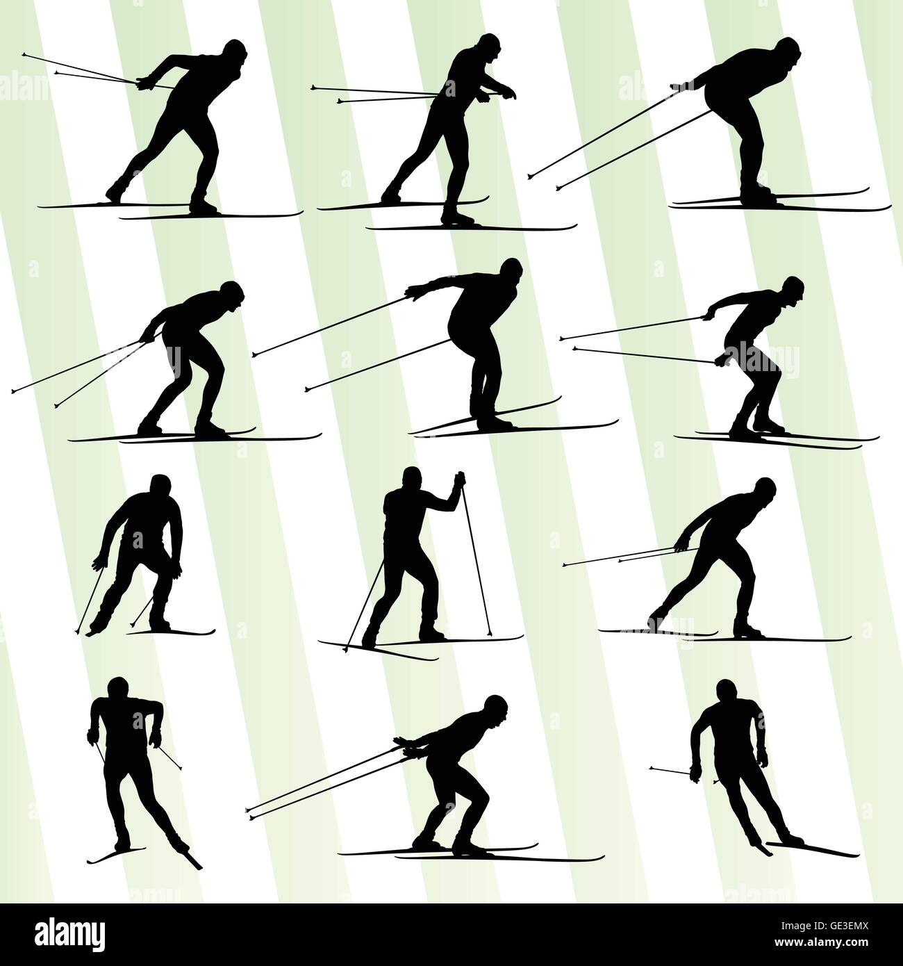 Active young man skiing set sport silhouette vector background concept ...