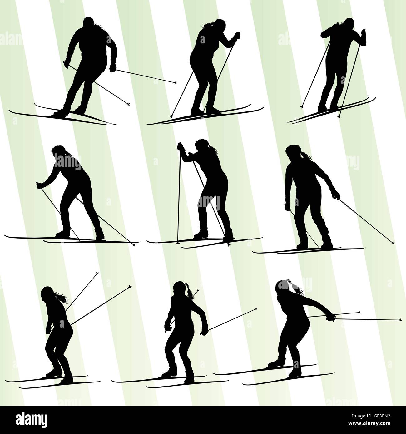 Active young woman skiing set sport silhouette vector background ...