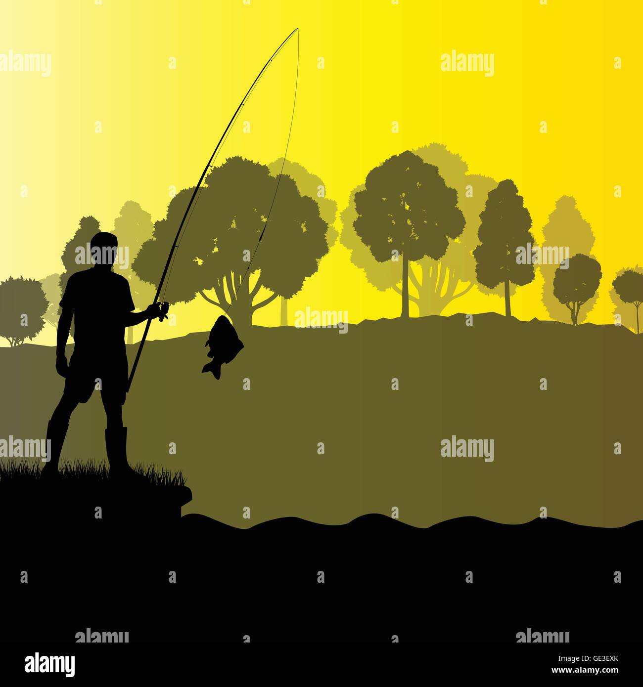Fisherman, angler vector background landscape concept with trees and ...