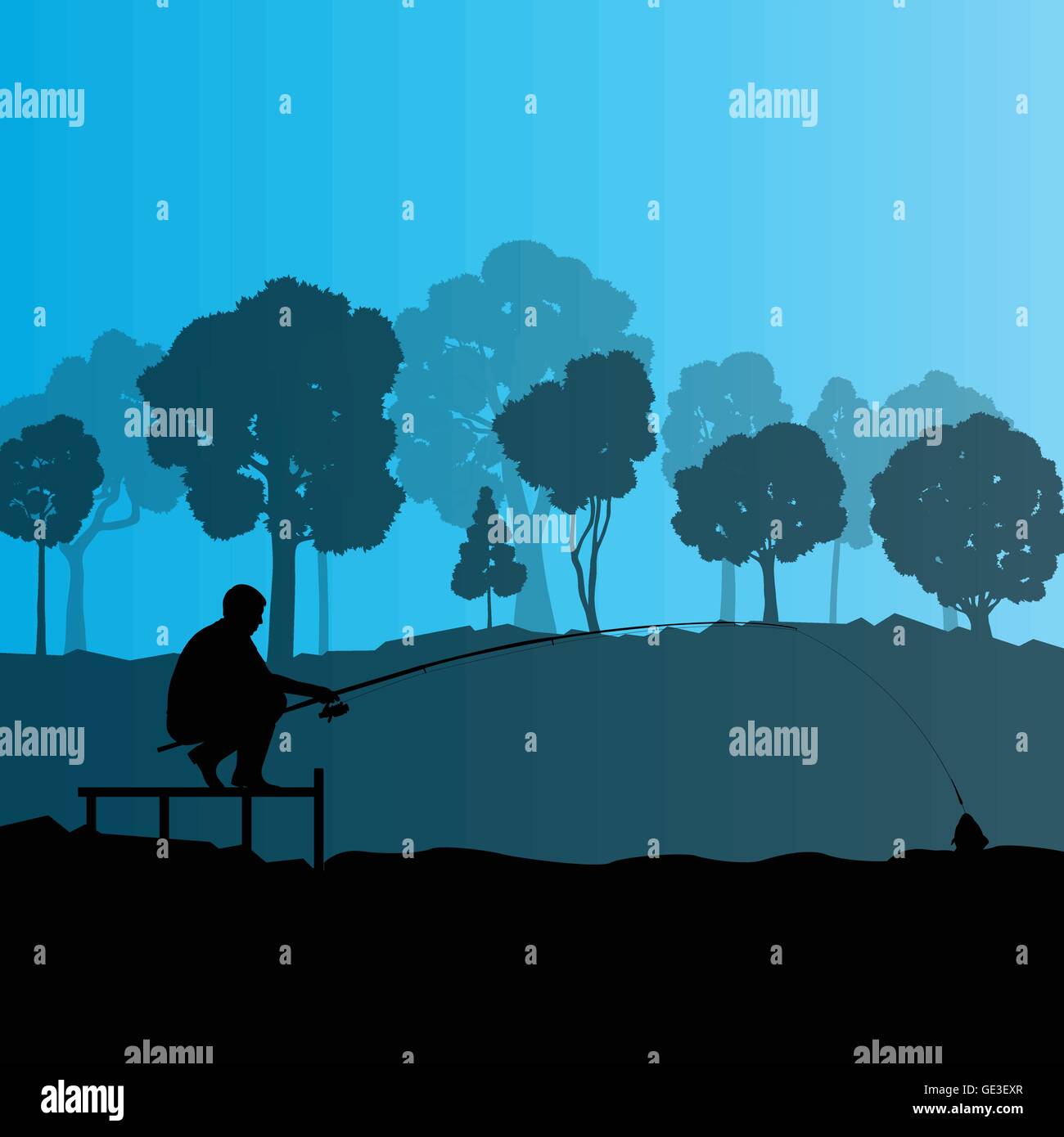 Fisherman, angler vector background landscape concept with trees and ...