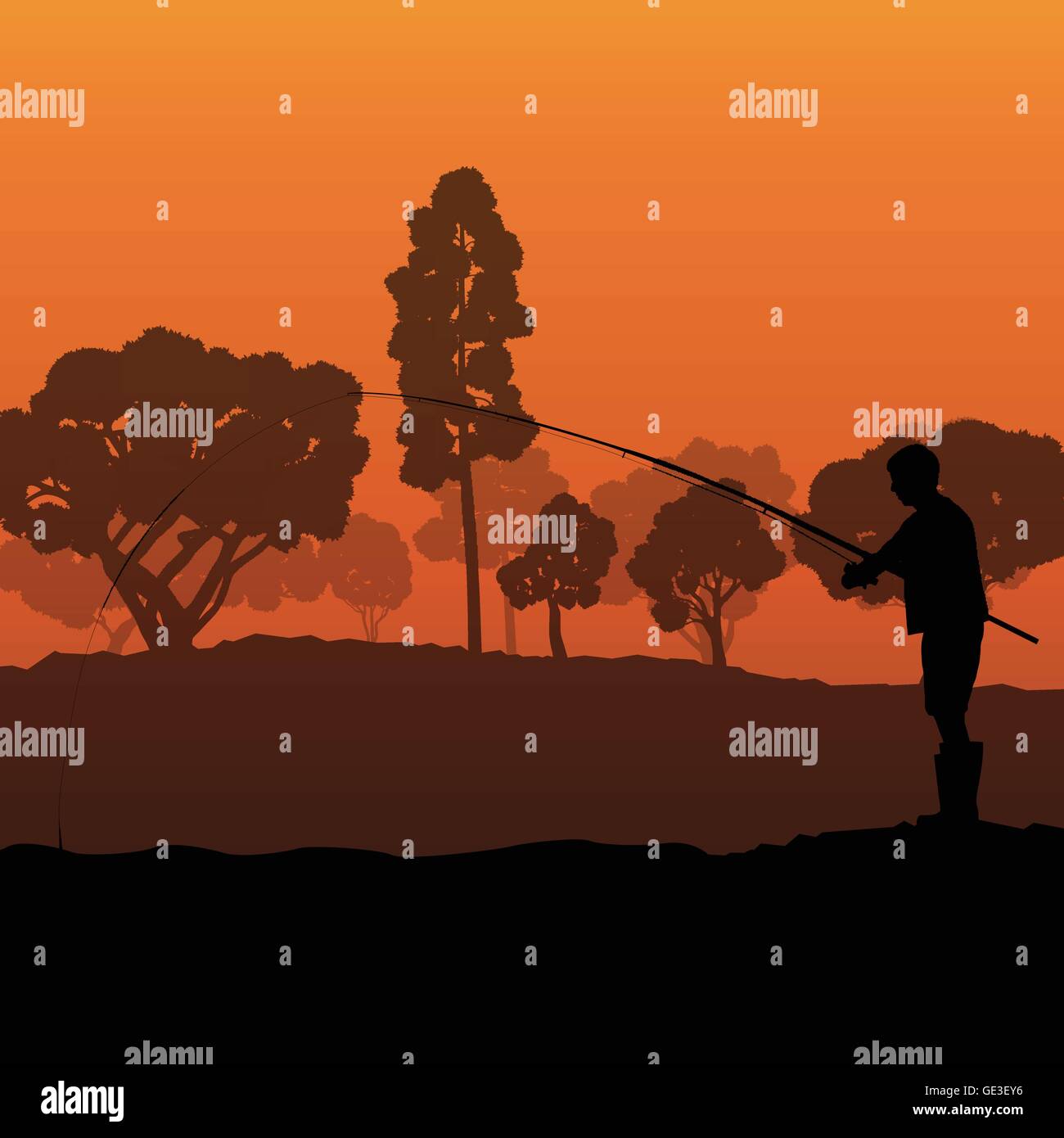 Fisherman, angler vector background landscape concept with trees and ...