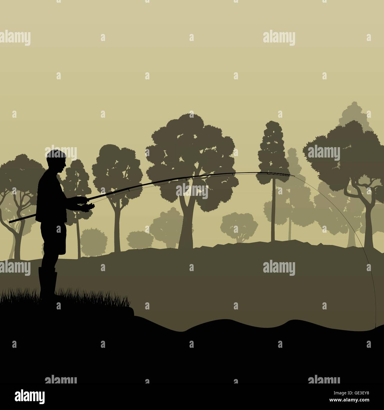 Fisherman, angler vector background landscape concept with trees and ...