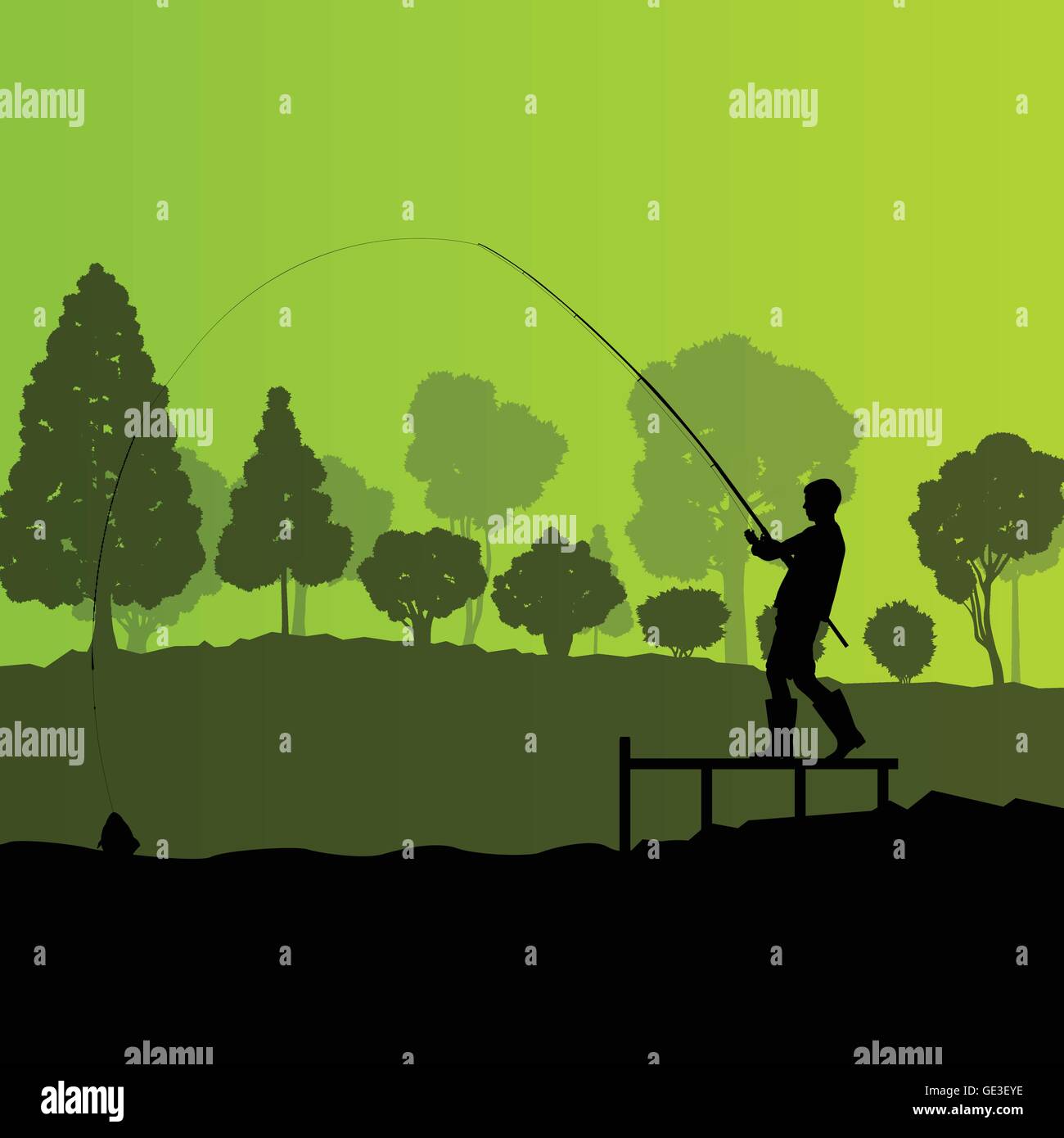 Fisherman, angler vector background landscape concept with trees and ...