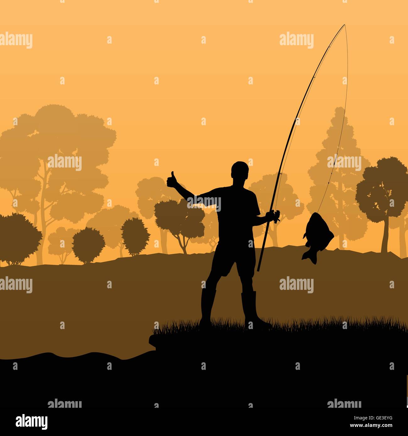 Fisherman, angler vector background landscape concept with trees and ...