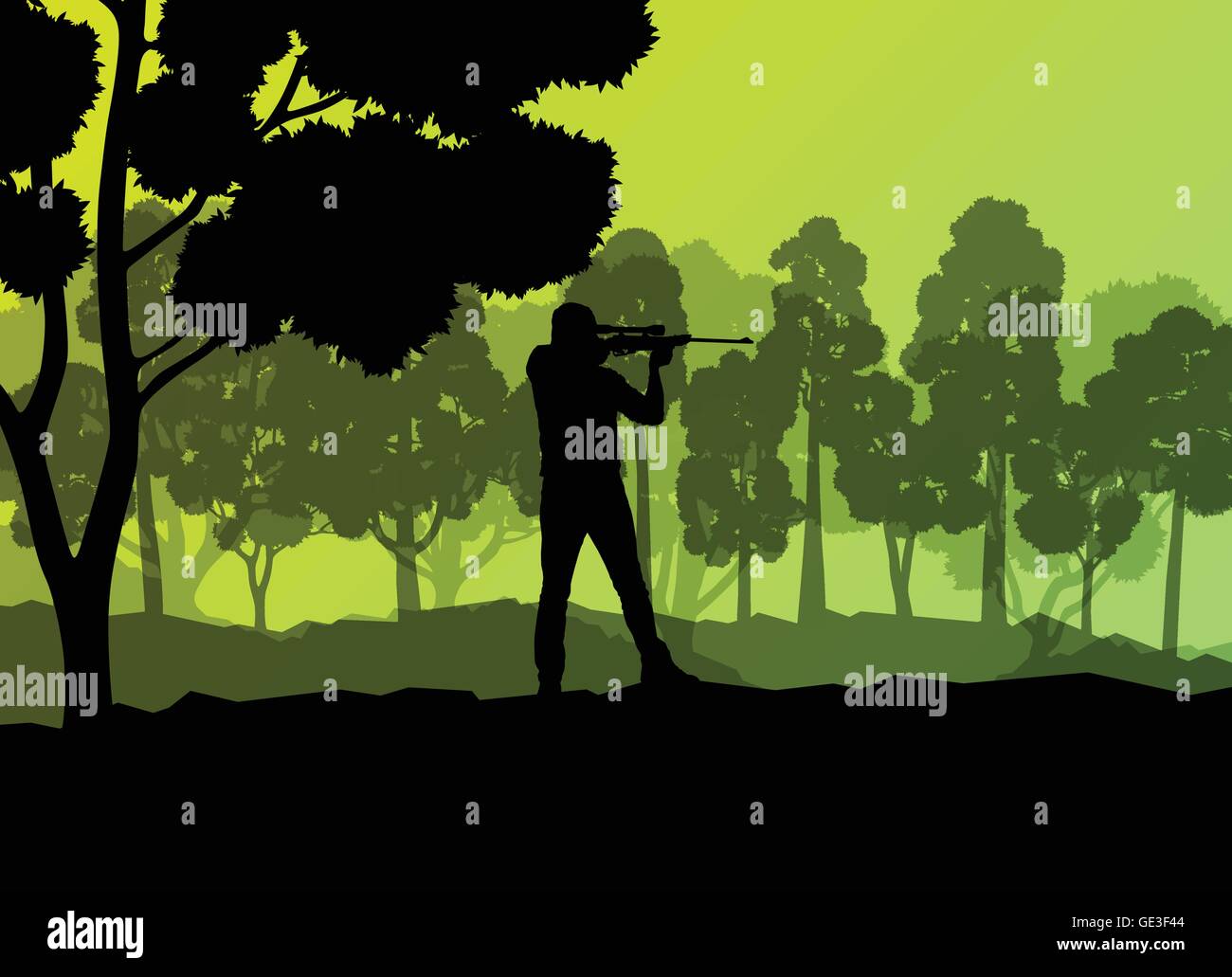 Hunter silhouette background landscape vector concept with forest for ...
