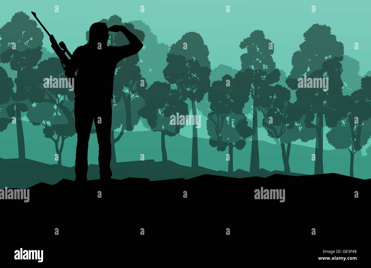 Hunter silhouette background landscape vector concept with forest for ...