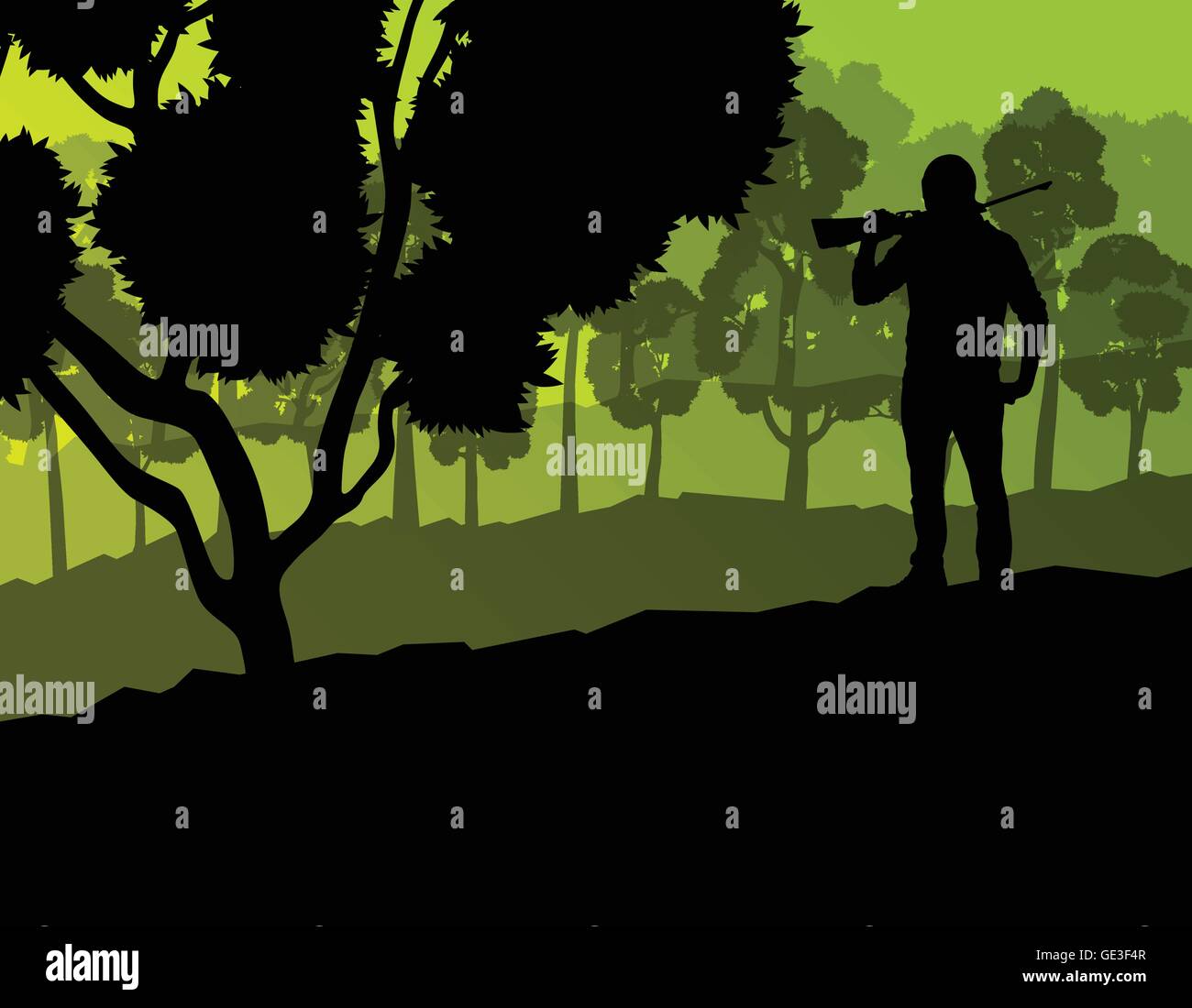 Hunter silhouette background landscape vector concept with forest for ...