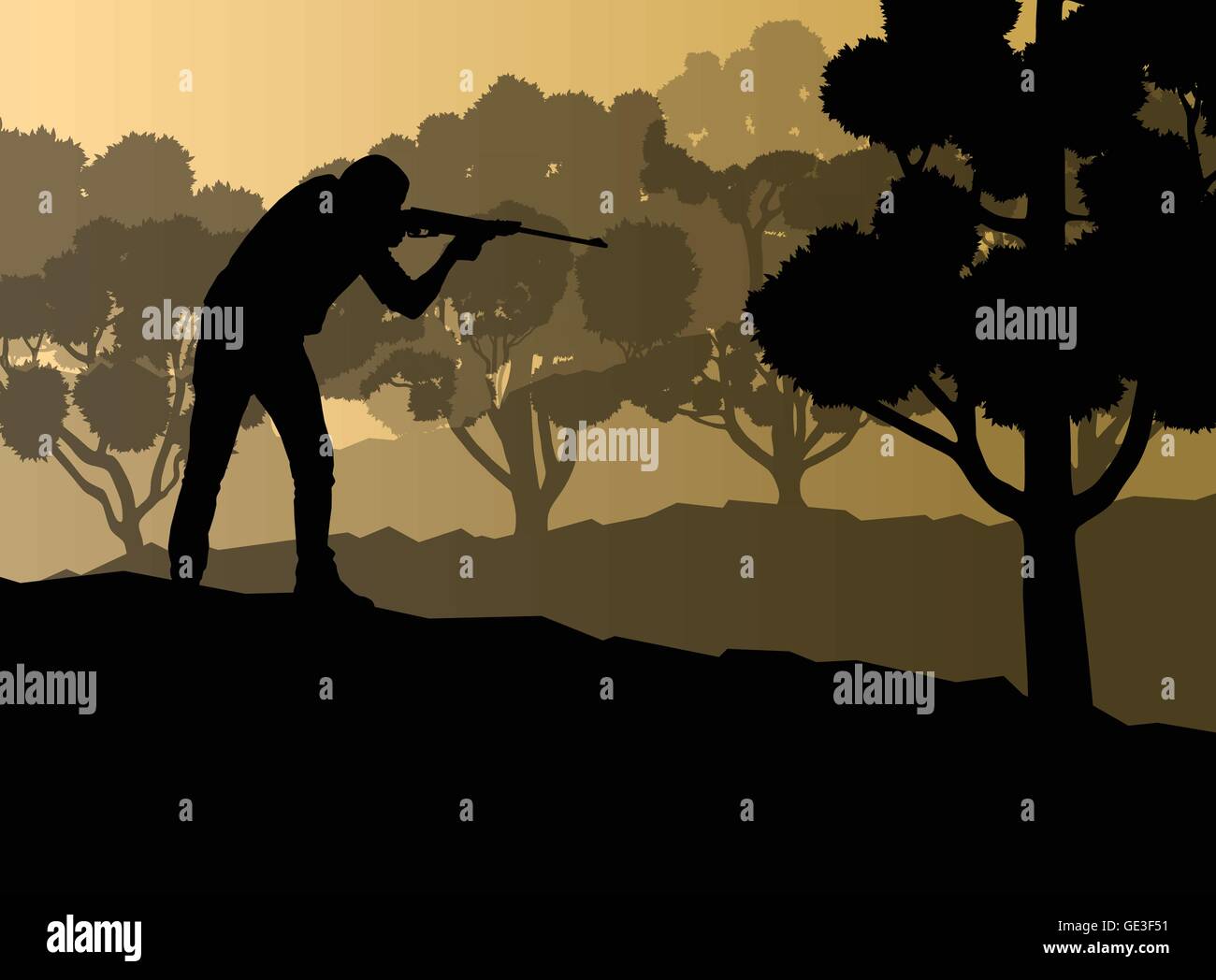 Hunter silhouette background landscape vector concept with forest for ...