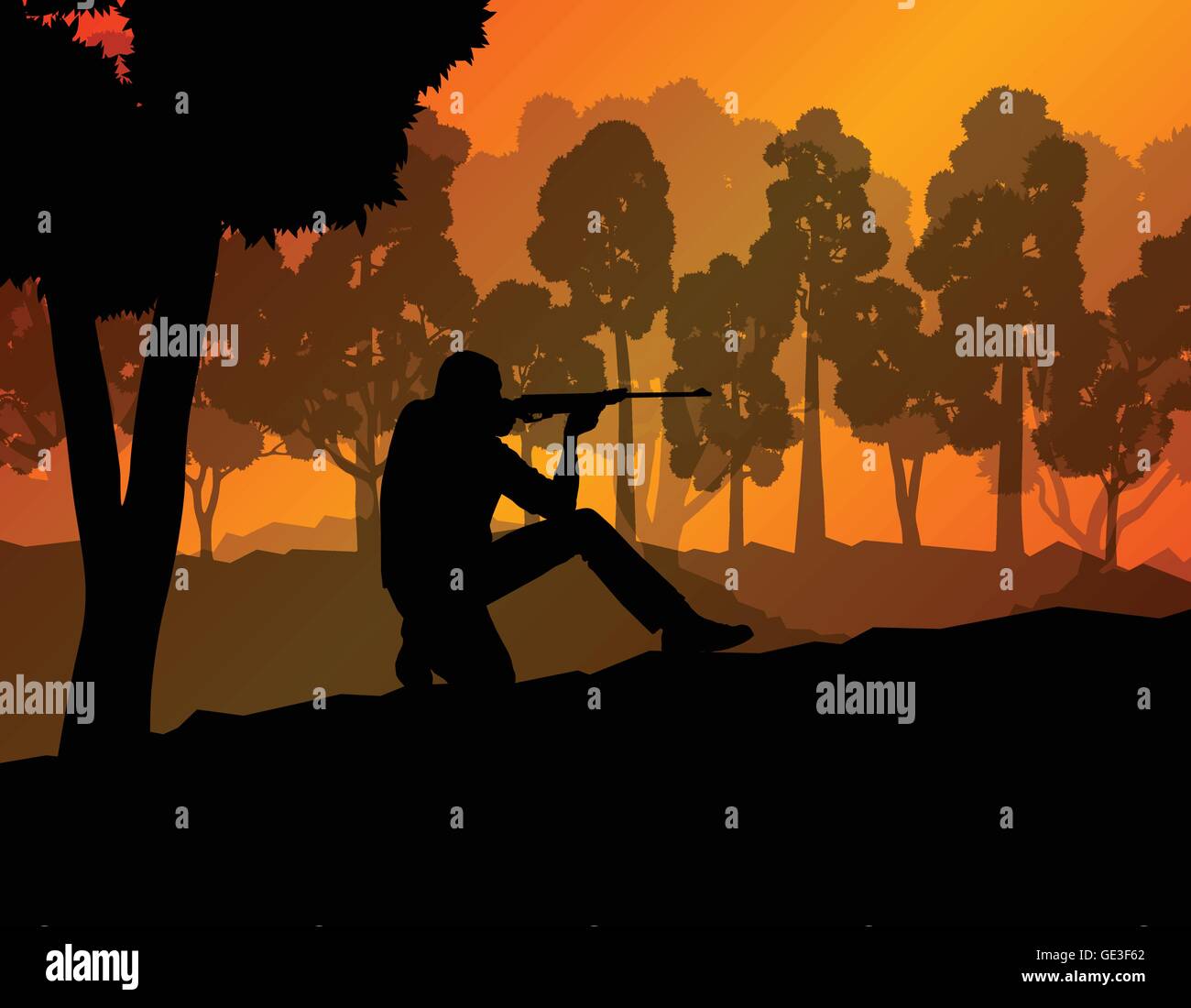 Hunter silhouette background landscape vector concept with forest for ...