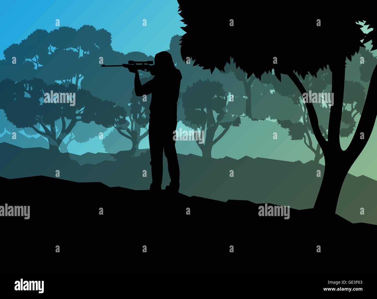 Hunter silhouette background landscape vector concept with forest for ...
