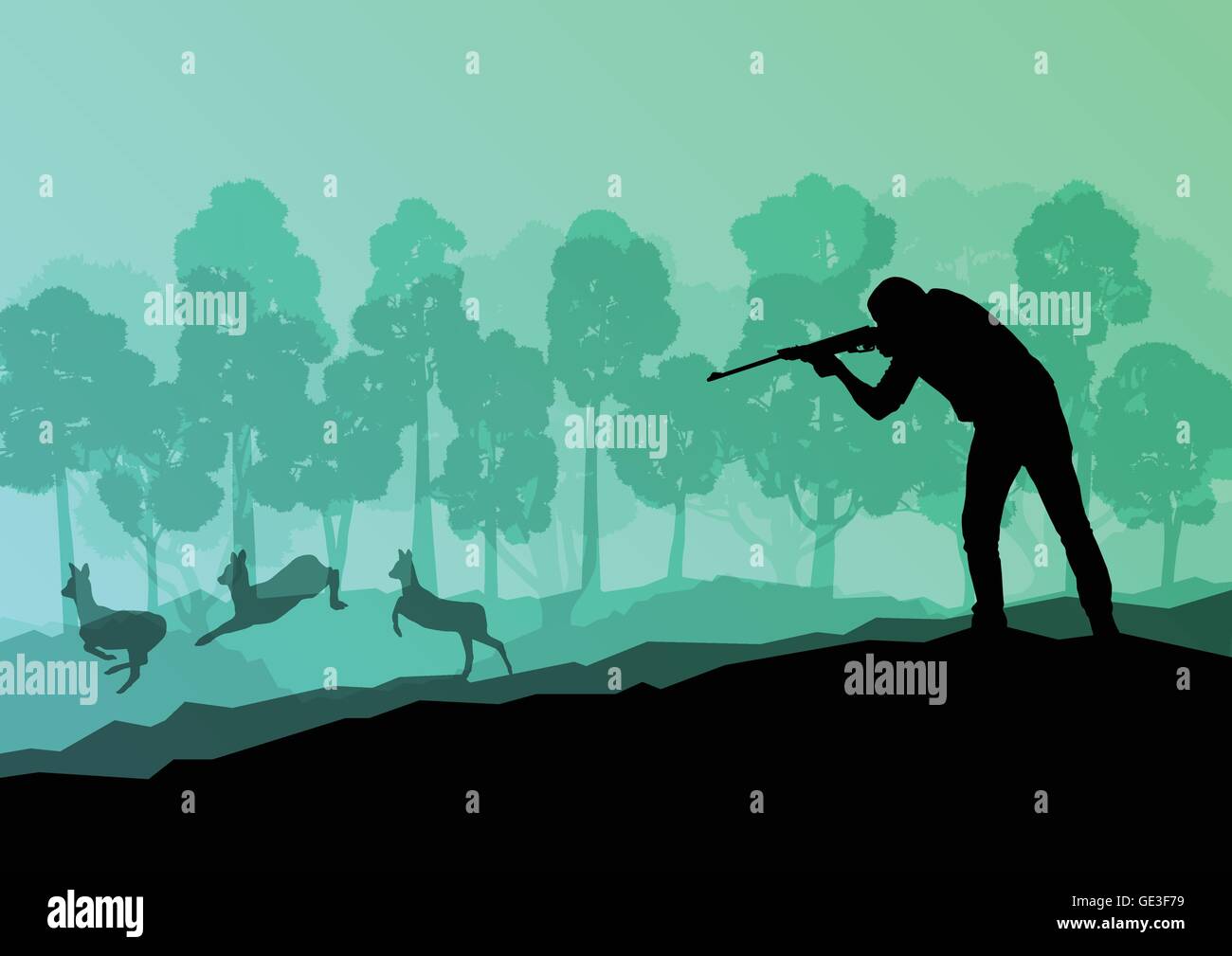 Hunter silhouette background landscape vector concept with forest and ...