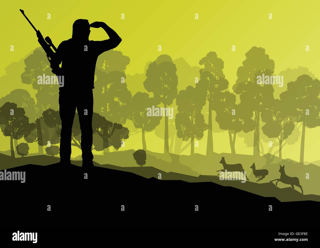 Hunter silhouette background landscape vector concept with forest and ...
