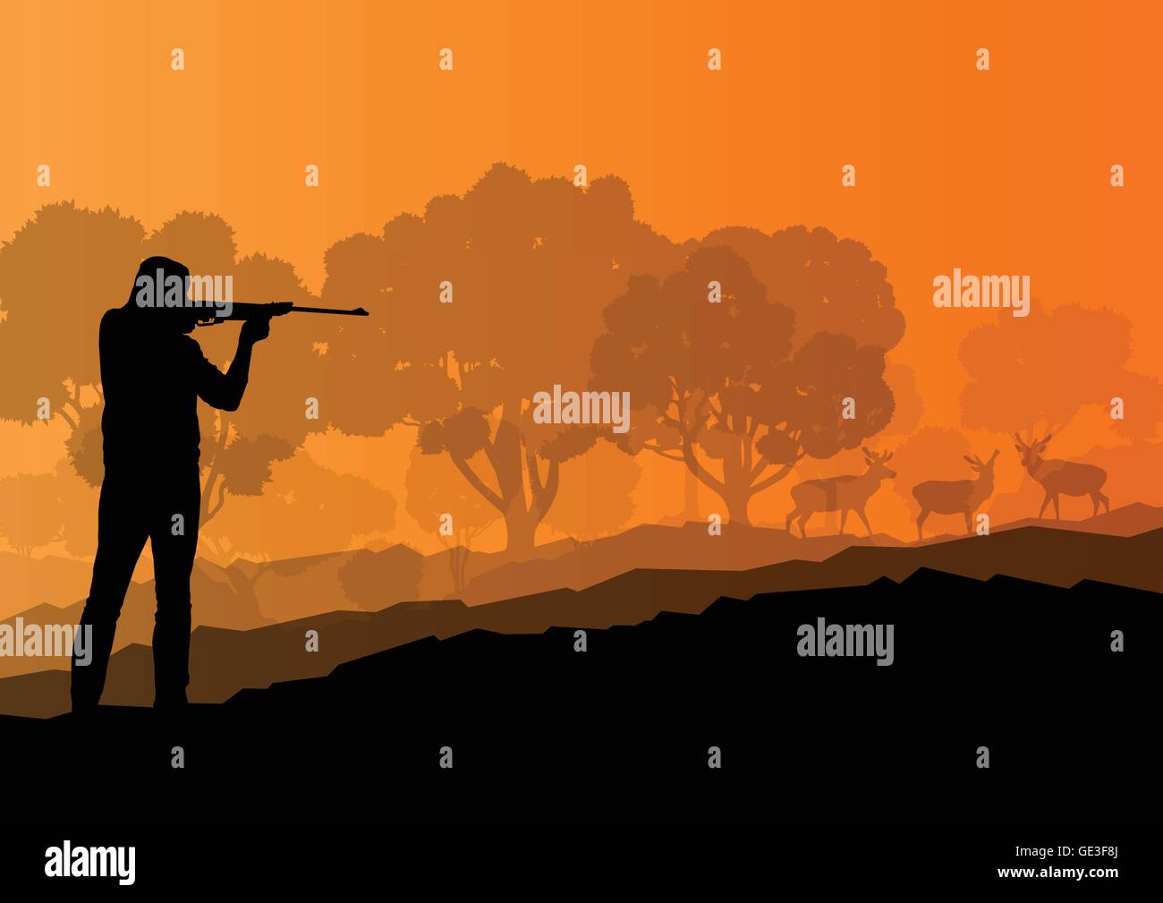 Hunter silhouette background landscape vector concept with forest and ...