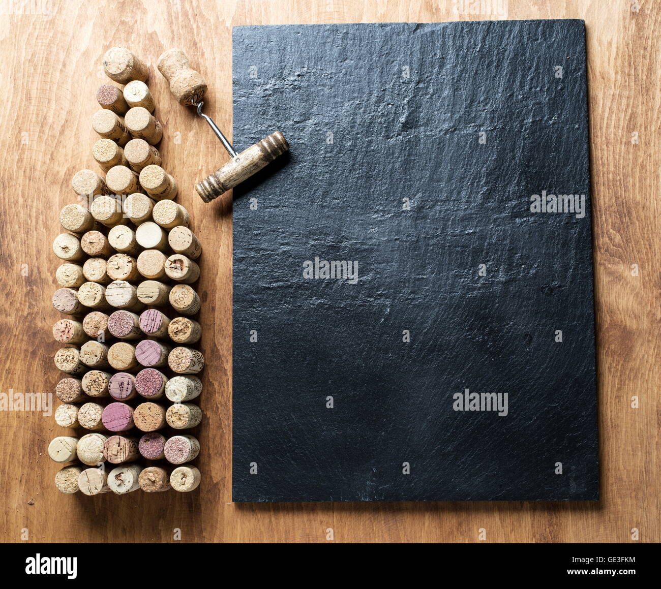 Wine corks in the shape of wine bottle on the wooden background Stock ...