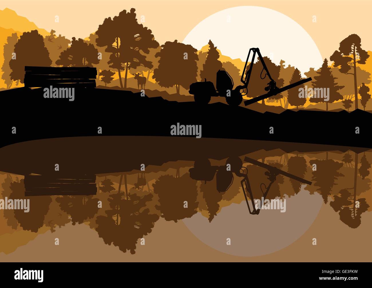 Forestry Logger Tractor In Forest Landscape Vector Stock Vector Image And Art Alamy
