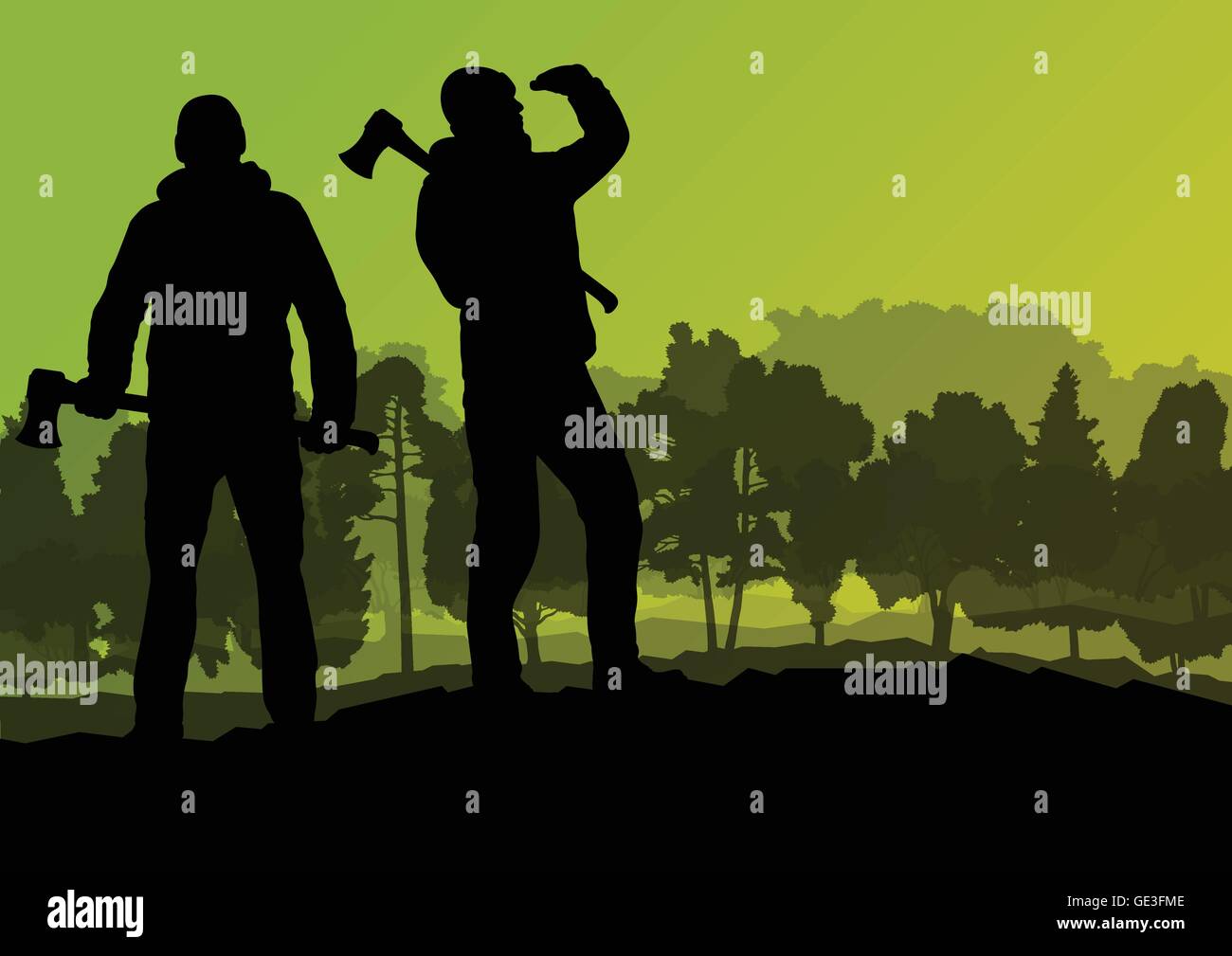 Logger woodcutter with ax in wild mountain forest nature landscape ...