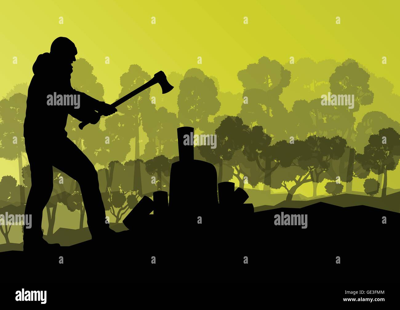 Logger woodcutter with ax in wild mountain forest nature landscape ...