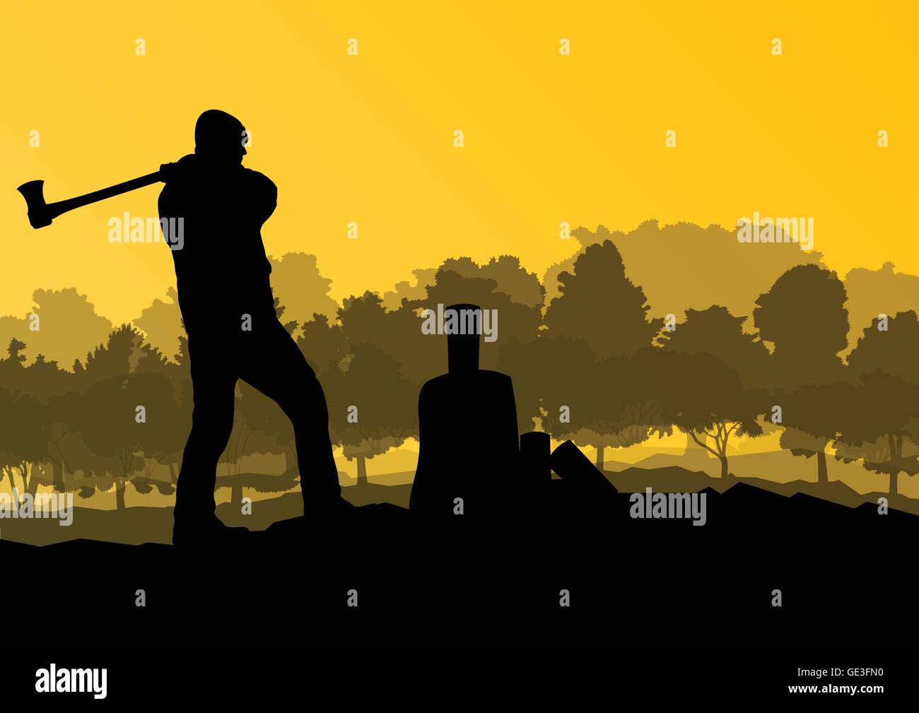 Logger woodcutter with ax in wild mountain forest nature landscape ...