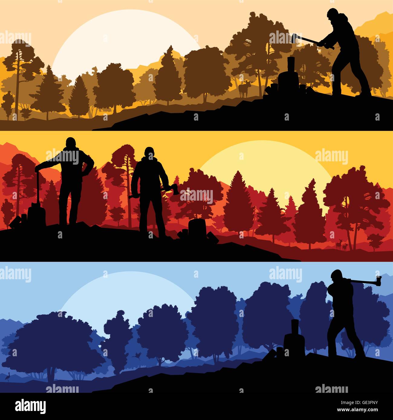 Loggers with axes in wild mountain forest nature landscape vector Stock ...