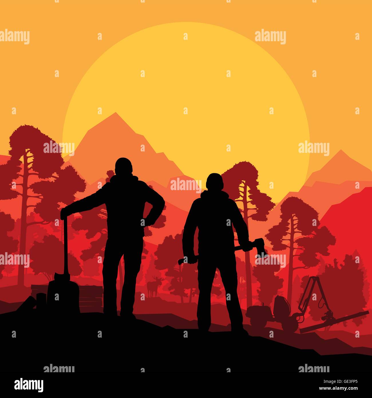 Loggers with axes in wild mountain forest nature landscape vector Stock ...