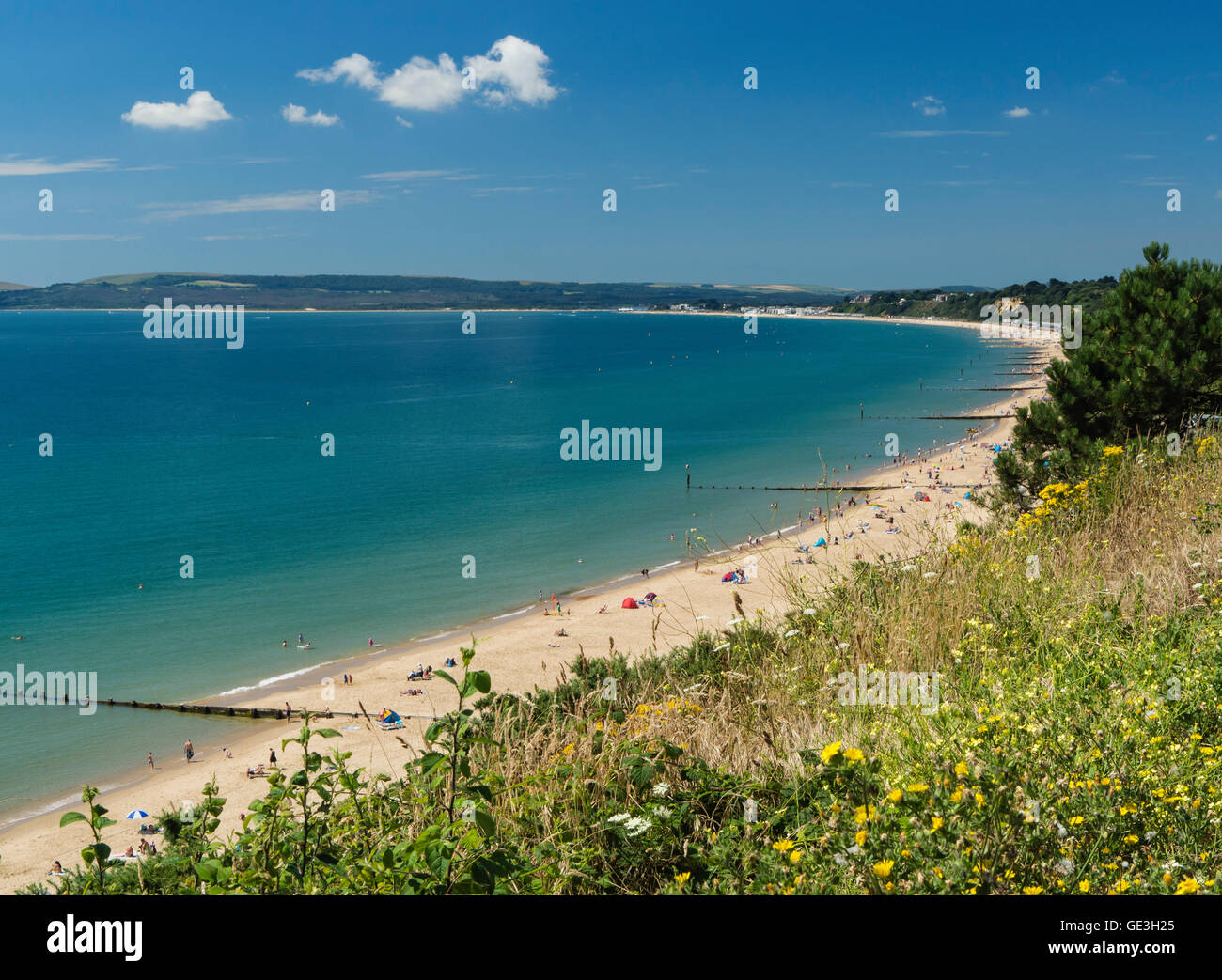 View of Poole Bay and West Beach from cliffs at Bournemouth, UK Stock ...