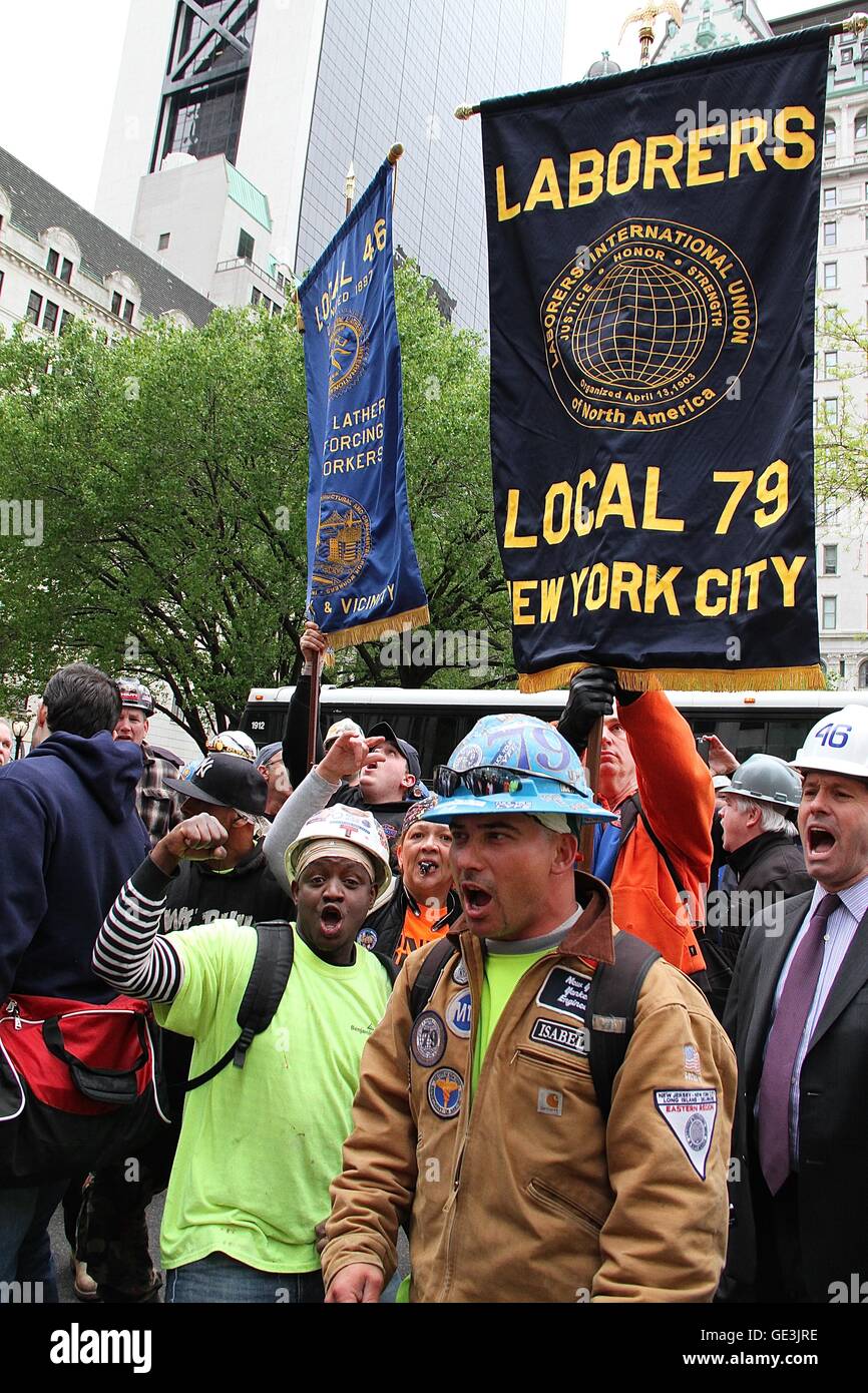 NEW YORK, NY - APRIL 28: Members of building trade unions (construction ...