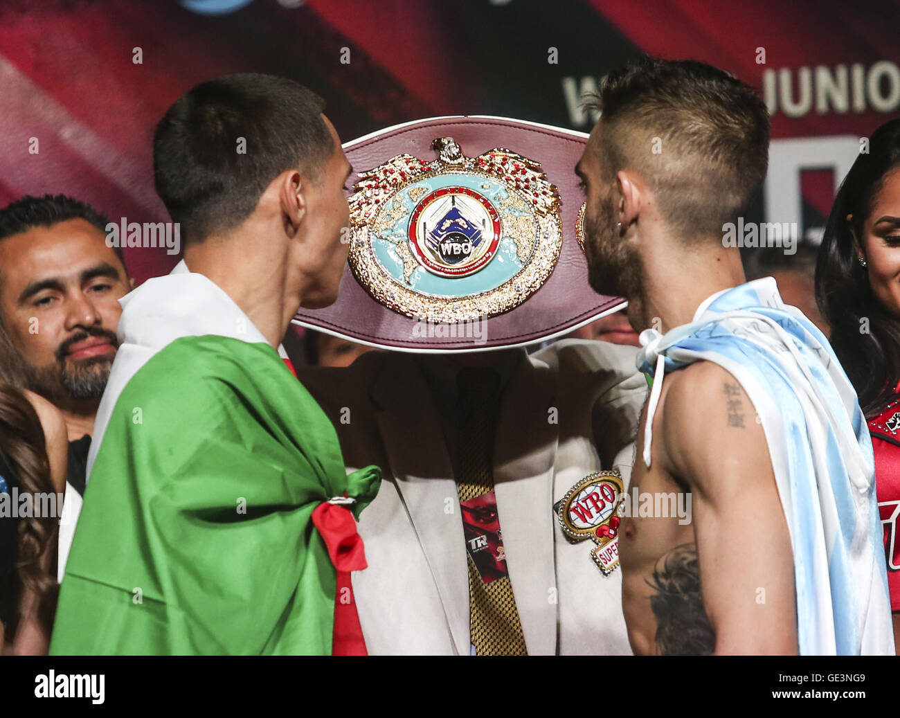 Las Vegas, Nevada, USA. 22nd July, 2016. Opponents Matias Rueda and Oscar Valdez, Jr. face off ...