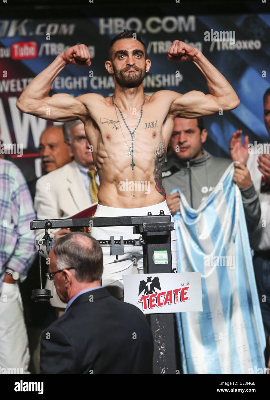Las Vegas, Nevada, USA. 22nd July, 2016. Matias Rueda steps on the scale during the ...